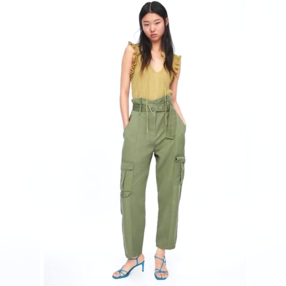 Zara | Pants & Jumpsuits | Zara High Waist Belted Cargo Trousers In ...